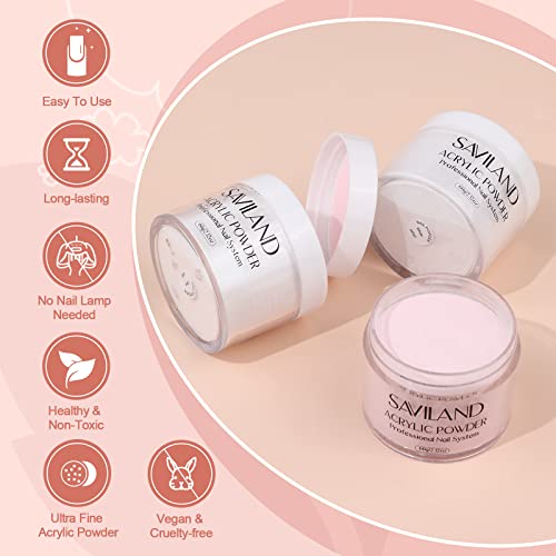 Saviland Acrylic Powder Set - 3 Colors Clear White Pink Acrylic Powder, Professional Acrylic Nail Powder Polymer for Nail Extension & Carving French Manicure 28+ days Long Lasting