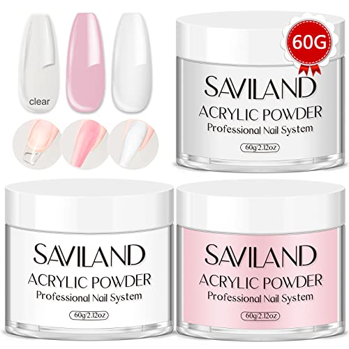 Saviland Acrylic Powder Set - 3 Colors Clear White Pink Acrylic Powder, Professional Acrylic Nail Powder Polymer for Nail Extension & Carving French Manicure 28+ days Long Lasting