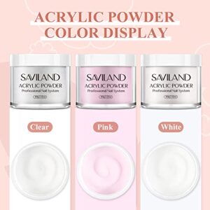 Saviland Acrylic Powder Set - 3 Colors Clear White Pink Acrylic Powder, Professional Acrylic Nail Powder Polymer for Nail Extension & Carving French Manicure 28+ days Long Lasting