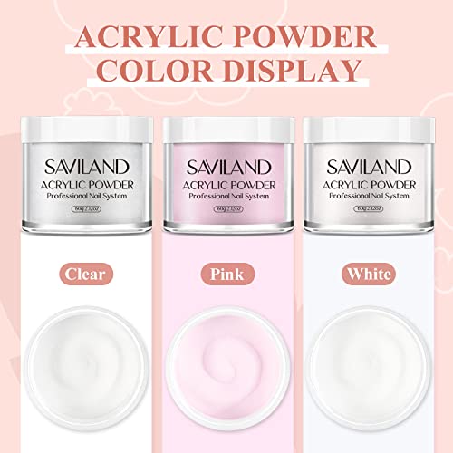 Saviland Acrylic Powder Set - 3 Colors Clear White Pink Acrylic Powder, Professional Acrylic Nail Powder Polymer for Nail Extension & Carving French Manicure 28+ days Long Lasting