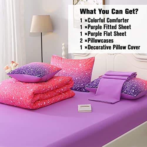 JQinHome Twin Pink Purple Comforter Set, 6 Piece Bed in A Bag 3D Colorful Bedding Set for Girls Kids (1 Comforter,2 Pillowcases,1 Flat Sheet,1 Fitted Sheet,1 Cushion Cover)(Pink Purple)