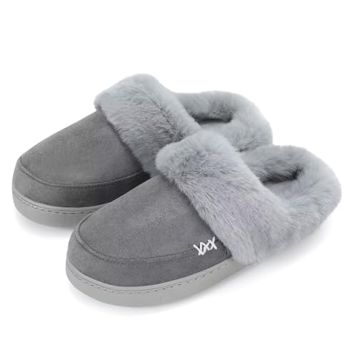 NineCiFun Women's and Men's Suede House Slippers Slip on Fuzzy Slippers with Faux Fur Lining Indoor Outdoor Home Shoes with Rubber Sole Grey (Women's Size 9-10,Men's Size 7-8)