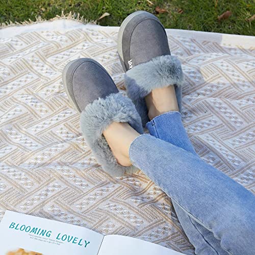 NineCiFun Women's and Men's Suede House Slippers Slip on Fuzzy Slippers with Faux Fur Lining Indoor Outdoor Home Shoes with Rubber Sole Grey (Women's Size 9-10,Men's Size 7-8)