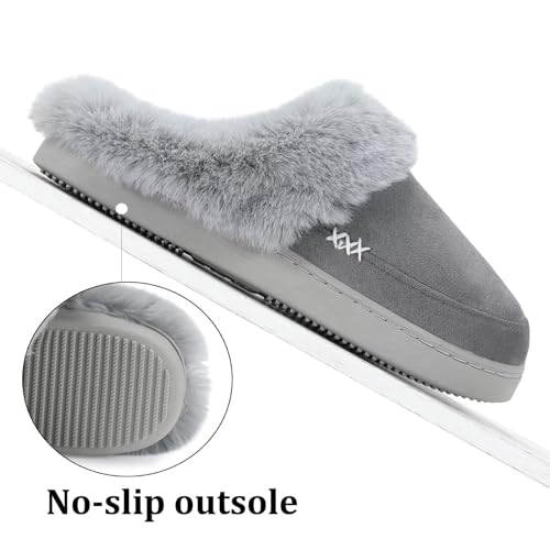 NineCiFun Women's and Men's Suede House Slippers Slip on Fuzzy Slippers with Faux Fur Lining Indoor Outdoor Home Shoes with Rubber Sole Grey (Women's Size 9-10,Men's Size 7-8)