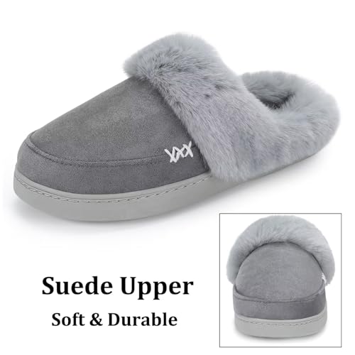 NineCiFun Women's and Men's Suede House Slippers Slip on Fuzzy Slippers with Faux Fur Lining Indoor Outdoor Home Shoes with Rubber Sole Grey (Women's Size 9-10,Men's Size 7-8)