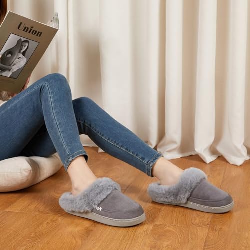 NineCiFun Women's and Men's Suede House Slippers Slip on Fuzzy Slippers with Faux Fur Lining Indoor Outdoor Home Shoes with Rubber Sole Grey (Women's Size 9-10,Men's Size 7-8)