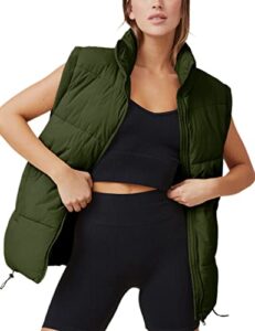 watashi women's quilted puffer vest stand collar fall drawstring zip up sleeveless gilet jacket(armygreen-m)