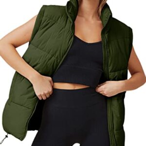 Watashi Women's Quilted Puffer Vest Stand Collar Fall Drawstring Zip Up Sleeveless Gilet Jacket(ArmyGreen-M)