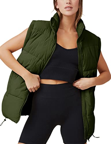 Watashi Women's Quilted Puffer Vest Stand Collar Fall Drawstring Zip Up Sleeveless Gilet Jacket(ArmyGreen-M)