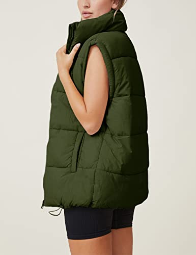 Watashi Women's Quilted Puffer Vest Stand Collar Fall Drawstring Zip Up Sleeveless Gilet Jacket(ArmyGreen-M)