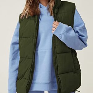 Watashi Women's Quilted Puffer Vest Stand Collar Fall Drawstring Zip Up Sleeveless Gilet Jacket(ArmyGreen-M)