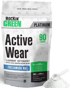 rockin' green laundry detergent, plant based, all natural laundry detergent powder, vegan and biodegradable odor fighter, safe for sensitive skin (active wear 90 loads - freshwood mac)