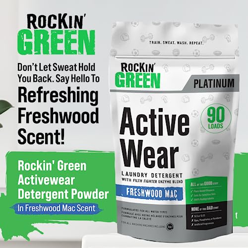 Rockin' Green Laundry Detergent, Plant based, All Natural Laundry Detergent Powder, Vegan and Biodegradable Odor Fighter, Safe for Sensitive Skin (Active Wear 90 Loads - Freshwood Mac)