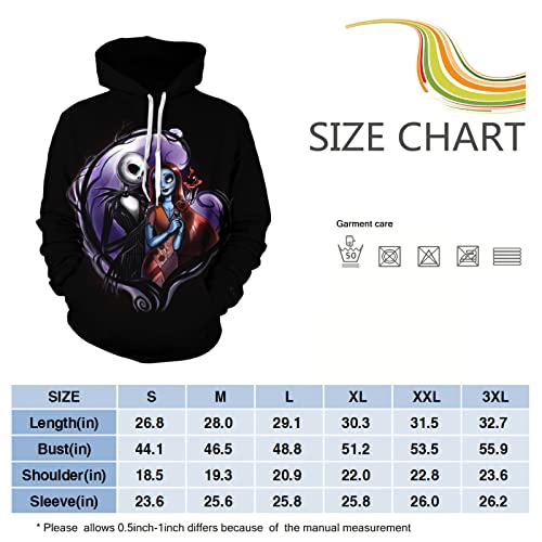 SLYSZMC Men and Women Christmas Hoodies Jack & Sally 3D Pritnted Novelty Hoodies Unisex Pullover Sweatshirts 2-Small