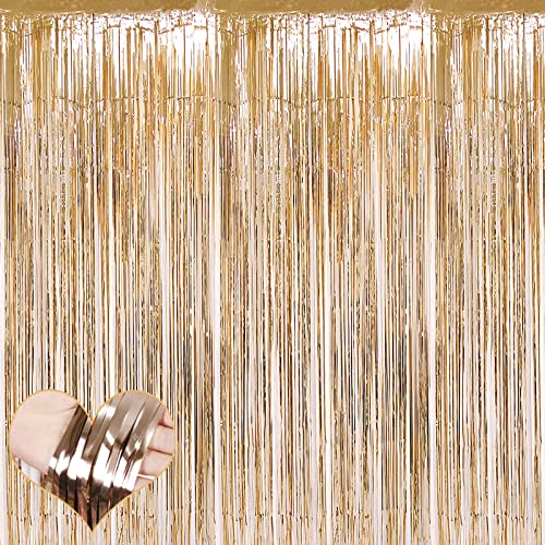 4 Pack Champagne Gold Fringe Curtain Backdrop, 3.2Ft x 6.6Ft Metallic Tinsel Foil Fringe Streamers Curtains Background for Photo Booth Birthday Baby Shower Party Thanksgiving Christmas Decorations