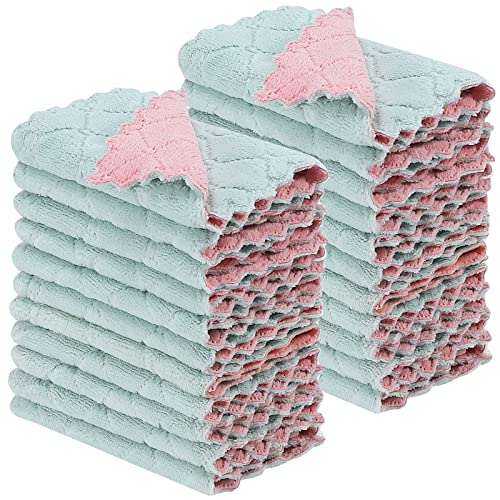 22 Pack Kitchen Dish Cloths, Reusable Dish Towels, Nonstick Oil Washable Fast Drying, Super Absorbent Coral Velvet Cleaning Cloths for Cleaning Tableware, Kitchen, Bathroom (Pink-green-10 x 6")