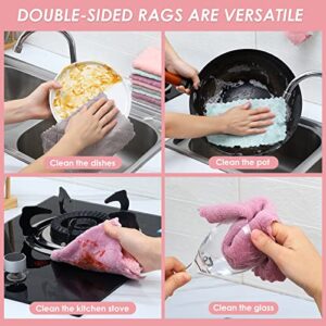 22 Pack Kitchen Dish Cloths, Reusable Dish Towels, Nonstick Oil Washable Fast Drying, Super Absorbent Coral Velvet Cleaning Cloths for Cleaning Tableware, Kitchen, Bathroom (Pink-green-10 x 6")