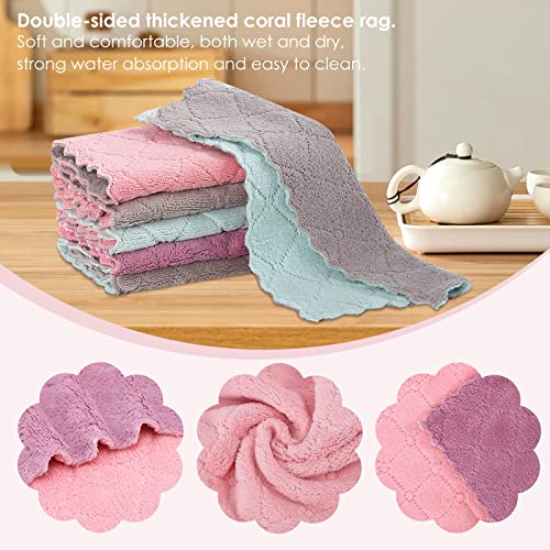 22 Pack Kitchen Dish Cloths, Reusable Dish Towels, Nonstick Oil Washable Fast Drying, Super Absorbent Coral Velvet Cleaning Cloths for Cleaning Tableware, Kitchen, Bathroom (Pink-green-10 x 6")