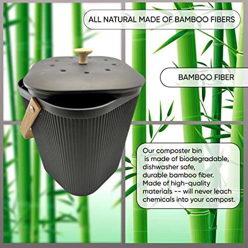 Compost Bin Kitchen - Compost Bin with Charcoal Dual Filter and Lid - Sustainable Bamboo Fiber Kitchen Compost bin countertop - Composter