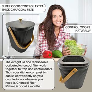 Compost Bin Kitchen - Compost Bin with Charcoal Dual Filter and Lid - Sustainable Bamboo Fiber Kitchen Compost bin countertop - Composter