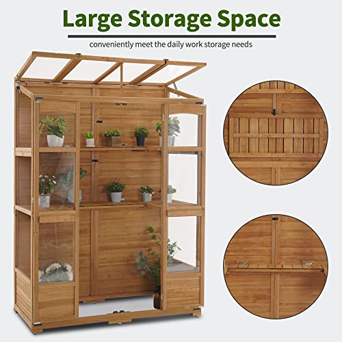 MCombo Wooden Greenhouse, Walk-in Outdoor Greenhouse with Openable Roof and Lockable Door, 0899 (Natural)