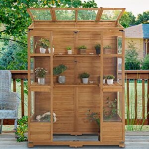 MCombo Wooden Greenhouse, Walk-in Outdoor Greenhouse with Openable Roof and Lockable Door, 0899 (Natural)