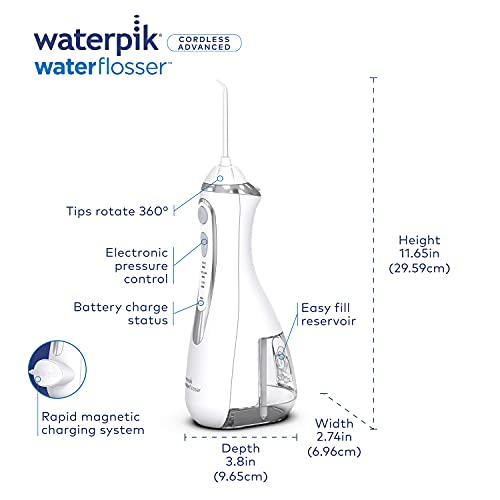 Waterpik Cordless Advanced Water Flosser For Teeth, Gums, Braces, Dental Care With Travel Bag and 4 Tips, ADA Accepted, Rechargeable, Portable, and Waterproof, White WP-580