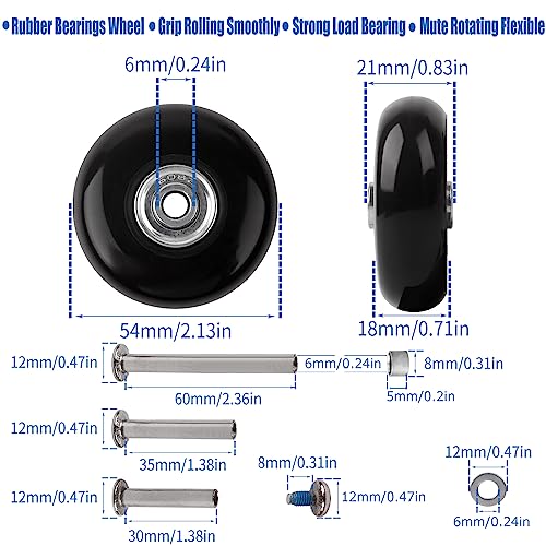 FSATNDE Luggage Suitcase Replacement Wheels Set of 4 PU Bearing Wheels-Install Width 0.8in/21mm with 3 Size Axles and Hacksaw for Trolley Bag Drawbar Box Smooth Rolling Repair(54mm x 18mm)