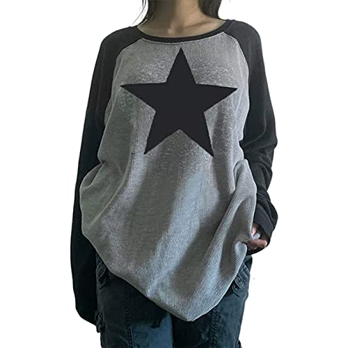 ABYOVRT Women Star Shirt Y2k Tops Vintage Aesthetic Patchwork Long Sleeve Tee Shirts 90s Grunge Clothes (B-Grey, Small)