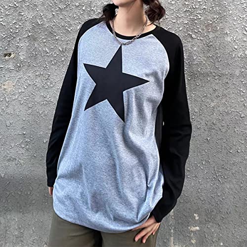 ABYOVRT Women Star Shirt Y2k Tops Vintage Aesthetic Patchwork Long Sleeve Tee Shirts 90s Grunge Clothes (B-Grey, Small)