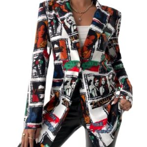 WDIRARA Women's Graphic Print Button Front Long Sleeve Causal Work Blazer Jacket Coat Multicolor White M