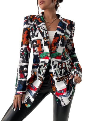 WDIRARA Women's Graphic Print Button Front Long Sleeve Causal Work Blazer Jacket Coat Multicolor White M