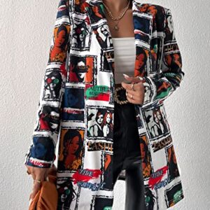 WDIRARA Women's Graphic Print Button Front Long Sleeve Causal Work Blazer Jacket Coat Multicolor White M