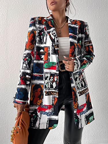 WDIRARA Women's Graphic Print Button Front Long Sleeve Causal Work Blazer Jacket Coat Multicolor White M