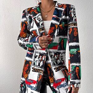 WDIRARA Women's Graphic Print Button Front Long Sleeve Causal Work Blazer Jacket Coat Multicolor White M