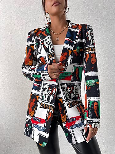 WDIRARA Women's Graphic Print Button Front Long Sleeve Causal Work Blazer Jacket Coat Multicolor White M