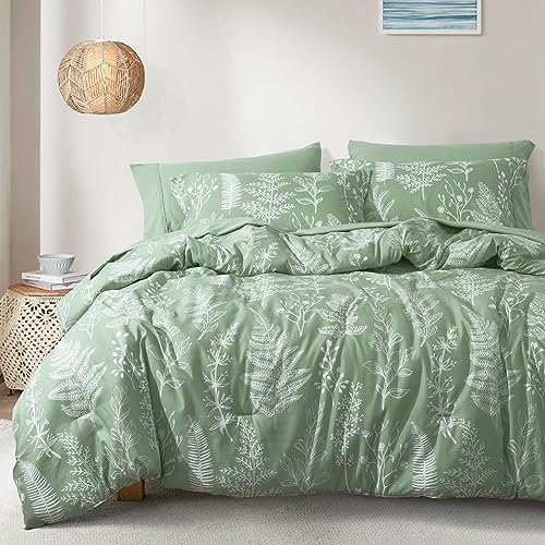 PHF 7 Pieces California King Comforter Set, Ultra Soft Bed in A Bag Comforter & Sheet Set- Botanical Bedding Set Include Comforter, Pillow Shams, Flat Sheet, Fitted Sheet and Pillowcases, Sage Green