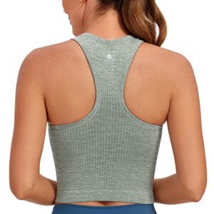 crz yoga womens seamless ribbed longline high neck sports bra - racerback padded slim fit crop tank top with built in bra dark green heather medium