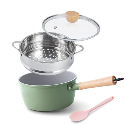 ROCKURWOK Ceramic Nonstick Sauce Pan with Lid, 2.2 Quart Cooking Pot, Small Saucepan with Steamer, PTFE& PFAS-Free, Wooden Handle for Cool Touch, Universal Base(Gas, Electric & Induction), Green