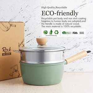 ROCKURWOK Ceramic Nonstick Sauce Pan with Lid, 2.2 Quart Cooking Pot, Small Saucepan with Steamer, PTFE& PFAS-Free, Wooden Handle for Cool Touch, Universal Base(Gas, Electric & Induction), Green