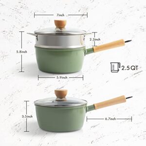 ROCKURWOK Ceramic Nonstick Sauce Pan with Lid, 2.2 Quart Cooking Pot, Small Saucepan with Steamer, PTFE& PFAS-Free, Wooden Handle for Cool Touch, Universal Base(Gas, Electric & Induction), Green