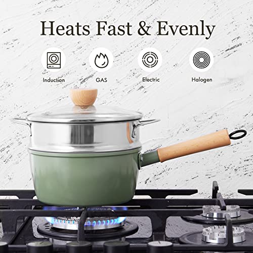 ROCKURWOK Ceramic Nonstick Sauce Pan with Lid, 2.2 Quart Cooking Pot, Small Saucepan with Steamer, PTFE& PFAS-Free, Wooden Handle for Cool Touch, Universal Base(Gas, Electric & Induction), Green