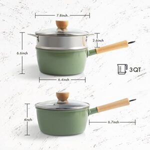 ROCKURWOK Ceramic Nonstick Sauce Pan, 3 QT Pot with Steamer, Non Toxic & PFAS-Free, Wooden Handle for Cool Touch, Universal Base(Gas, Electric & Induction), Green