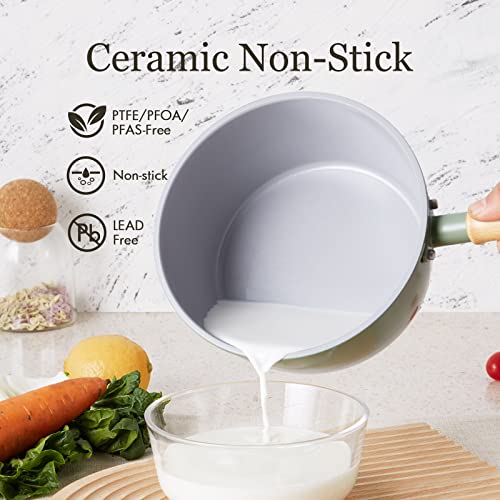 ROCKURWOK Ceramic Nonstick Sauce Pan, 3 QT Pot with Steamer, Non Toxic & PFAS-Free, Wooden Handle for Cool Touch, Universal Base(Gas, Electric & Induction), Green