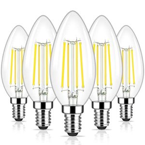 brightever e12 candelabra led light bulbs 60 watt equivalent, 620 lumen 6w clear led filament candle bulbs, daylight white 5000k non-dimmable chandelier light bulbs for ceiling fan, pack of 5