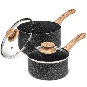 michelangelo saucepan set with lid 1 quart & 3 quart, nonstick sauce pans with granite coatings, small pot set with lid, nonstick sauce pan set, small sauce pots, ergonomic bakelite handle, black