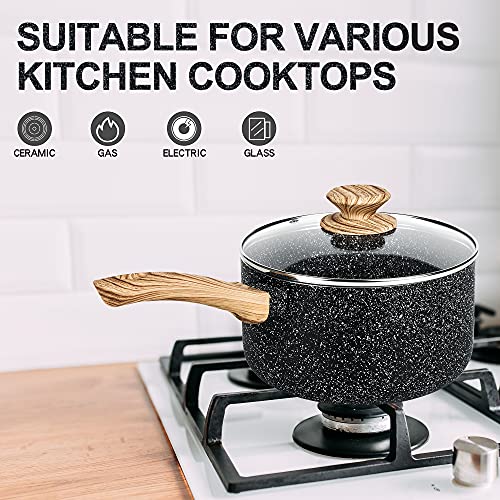 MICHELANGELO Saucepan Set with Lid 1 Quart & 3 Quart, Nonstick Sauce Pans with Granite Coatings, Small Pot Set with Lid, Nonstick Sauce Pan Set, Small Sauce Pots, Ergonomic Bakelite Handle, Black