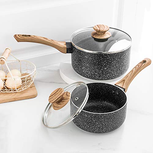 MICHELANGELO Saucepan Set with Lid 1 Quart & 3 Quart, Nonstick Sauce Pans with Granite Coatings, Small Pot Set with Lid, Nonstick Sauce Pan Set, Small Sauce Pots, Ergonomic Bakelite Handle, Black