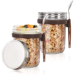 kesaplan overnight oats containers with lid and spoon, 10oz airtight large capacity mason jar, 2pcs leak-proof oatmeal jars with measurement marks, reusable on the go parfait cups for yogurt cereal