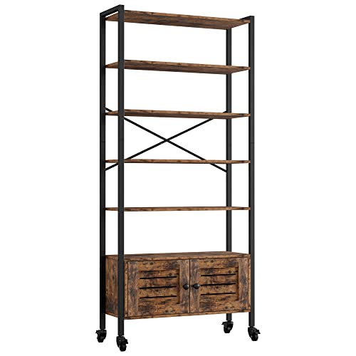 IRONCK Bookshelf and Bookcase with Adjustable 5 Shelves, 70" H x 31.5" W Wide Bookshelves with Door and Wheels, Vintage Brown